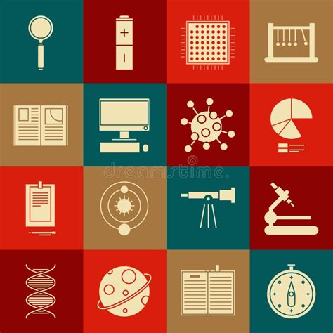 Set Compass Microscope Pie Chart Infographic Processor Computer