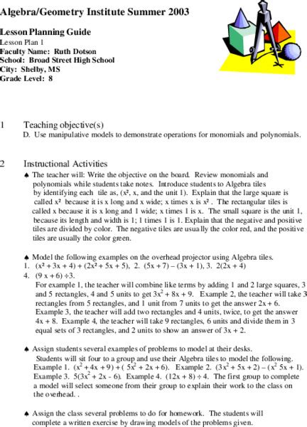 Polynomials Lesson Plan For 8th Grade Lesson Planet