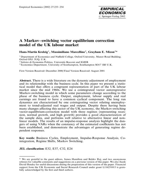 A Markov Switching Vector Equilibrium Correction Model Of The Uk Labour