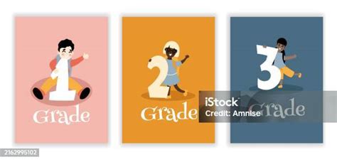학교로 돌아가다 학교에 갈 준비가 된 어린 아이들 1 2 3 학년 디자인을 위한 템플릿 세트입니다 재미있는 만화 캐릭터 벡터