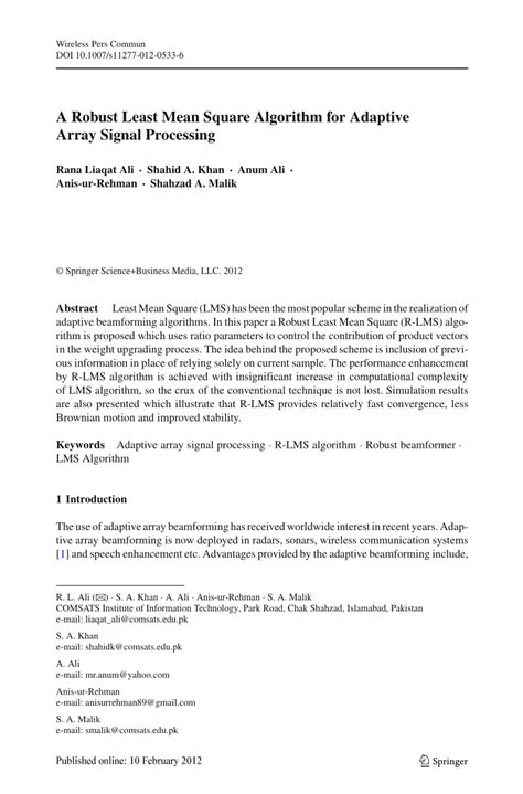 Pdf A Robust Least Mean Square Algorithm For Adaptive Array Signal