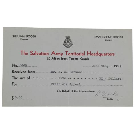 1939 The Salvation Army Territorial Headquarters Receipt Parrys Vintage