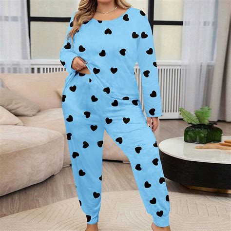 Aobny Lounge Womens Plus Pajamas Plus Size Blue Sets Taper Long Sleeve