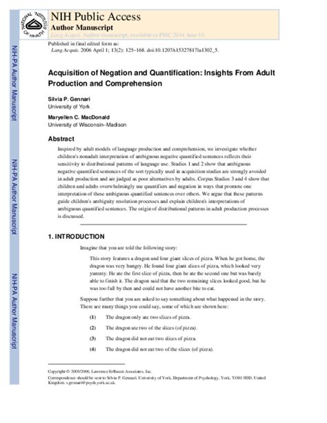 Pdf Acquisition Of Negation And Quantification Insights From Adult Production And Comprehension