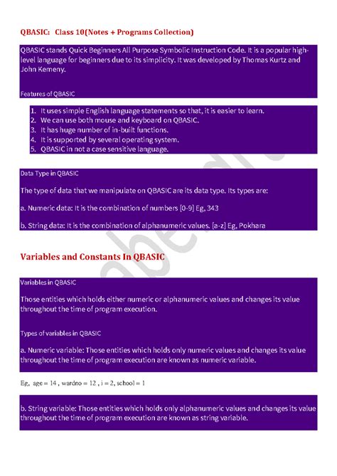 Qbasic Class 10 Notes On Programming Concepts And Examples Studocu
