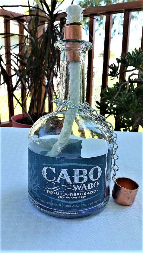 Cabo Tequila Bottle Patio Oil Lamp With Copper Wick Holder And Cap