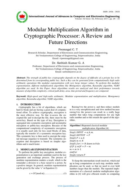 Pdf Modular Multiplication Algorithm In Cryptographic Processor A