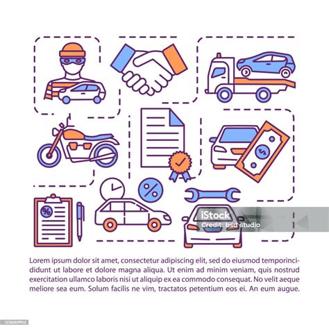 텍스트와 자동차 보험 개념 아이콘입니다 충돌로 인한 자동차 손상을 복구합니다 자동 도난 보험 Ppt 페이지 벡터 템플릿입니다