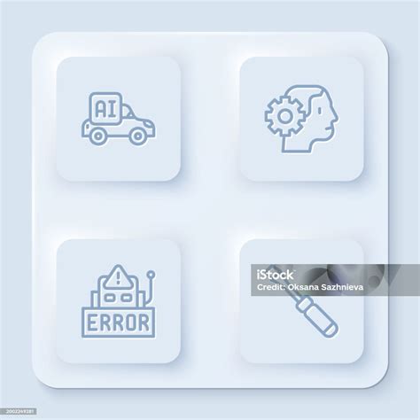 Set Line Autonomous Smart Car Humanoid Robot Error In And Screwdriver White Square Button Vector