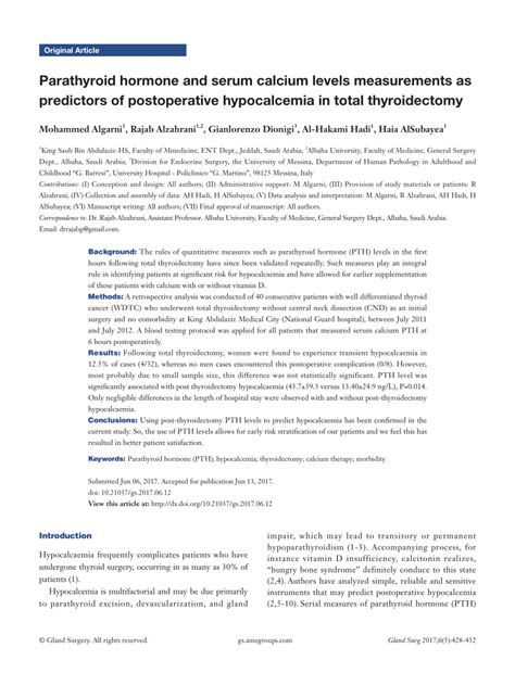 Pdf Parathyroid Hormone And Serum Calcium Levels Measurements As