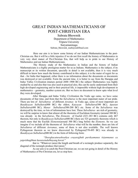 Pdf Great Indian Mathematicians Of Post Christian Era