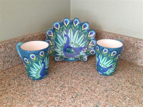 Peacock Mugs And Plate Set For Bird Lovers