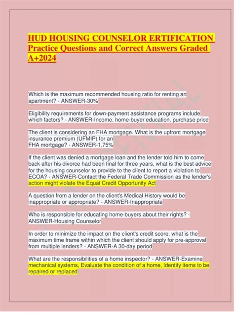 hud certification practice questions and correct answers hud