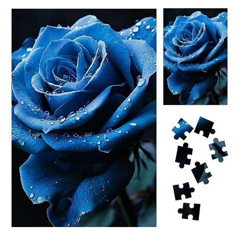 Qcpp Blue Rose Water Droplets Wooden Jigsaw Puzzle Vertical Style For