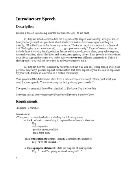 1 Intro Speech Assignment Introductory Speech Description Deliver A