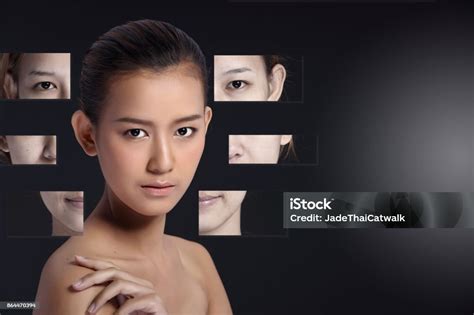 Asian Woman Before After Applying Make Up Hair Style No Retouch Stock