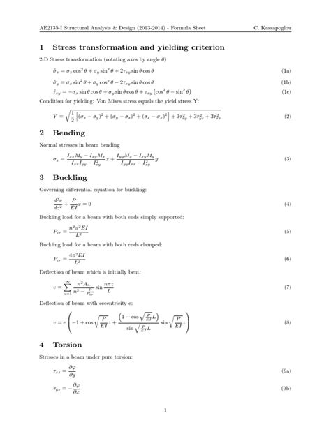 Structural Analysis Formula Sheet Pdf Bending Yield Engineering