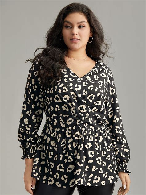 Leopard Print Crossover Ruched Shirred Blouse Bloomchic