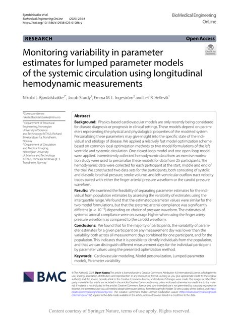 Pdf Monitoring Variability In Parameter Estimates For Lumped Parameter Models Of The Systemic