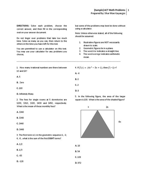 Sample Act Math Problems Pdf Pdf Teaching Mathematics