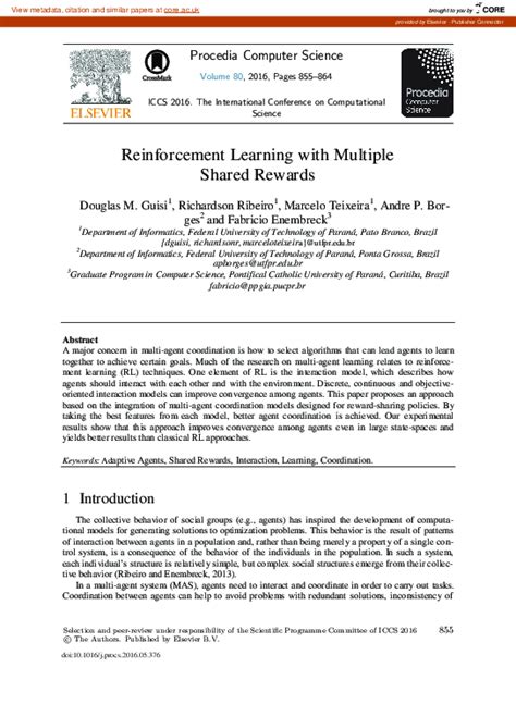Pdf Reinforcement Learning With Multiple Shared Rewards