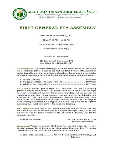 Asma First General Pta Assembly Script Pdf Religious Behaviour And