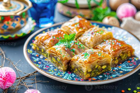 Ai Generated Turkish Baklava With Pistachio In Colorful Ramadan Bayram