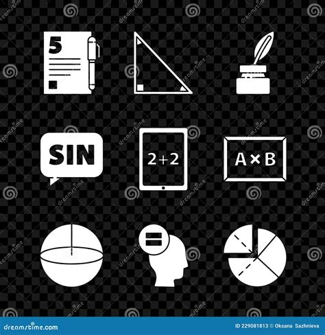 Set Test Or Exam Sheet And Pen Triangle Math Feather Inkwell Geometric Figure Sphere