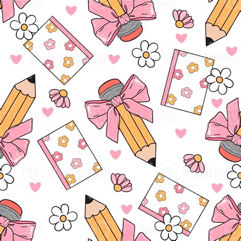 Cute Pencil And Bookish Seamless Pattern Groovy Retro Back To School Digital Paper Background