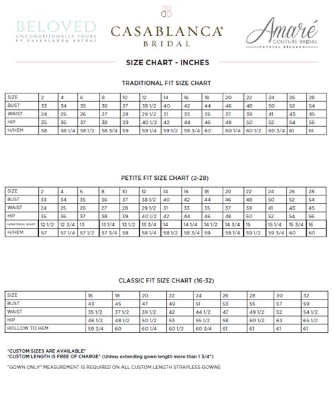 Size Chart In Inches Casablanca Bridal