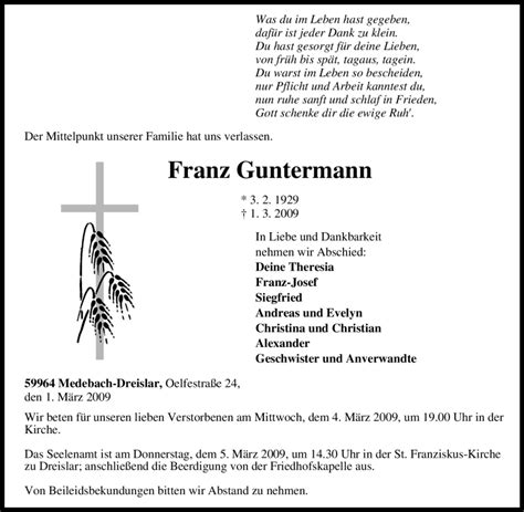 Traueranzeigen Von Franz Guntermann Trauer In Nrw De