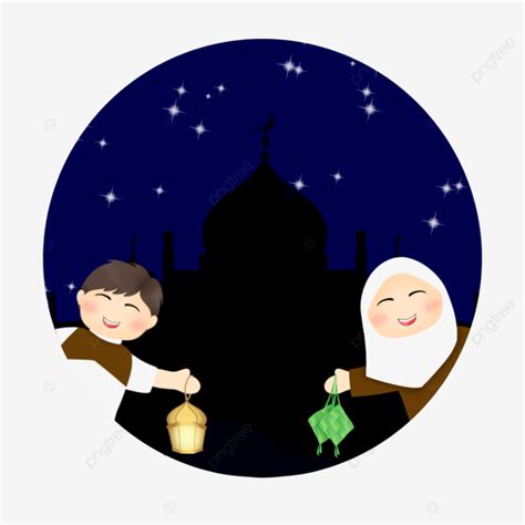 Muslim Chibi With Mosque Shadow At Night Ramadan Eid Al Fitr Mubarak