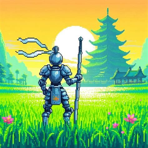 A Robot In A Field Of Grass With A Sun Setting Behind Him Premium Ai
