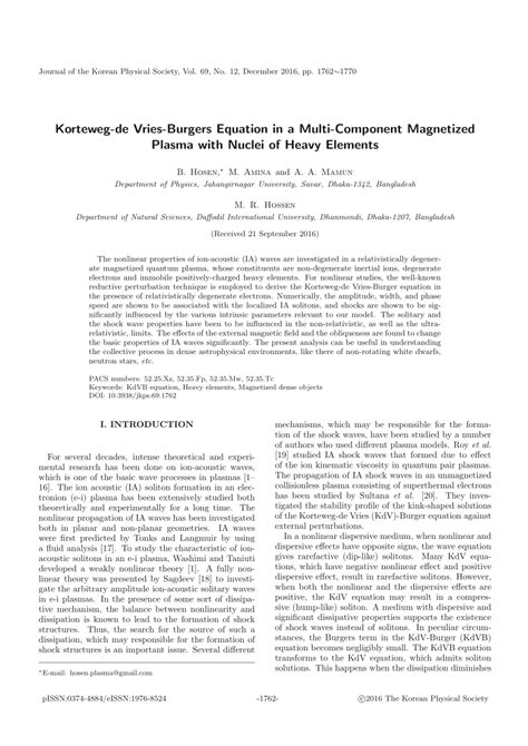 Pdf Korteweg De Vries Burgers Equation In A Multi Component Magnetized Plasma With Nuclei Of