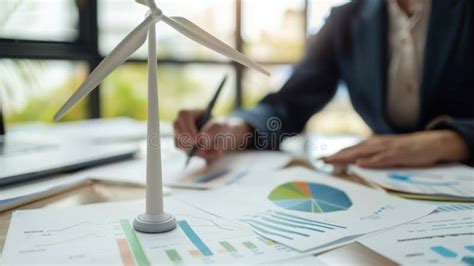 Person Analyzing Sustainability Data With A Small Model Wind Turbine