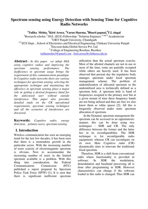 Pdf Spectrum Sensing Using Energy Detection With Sensing Time For