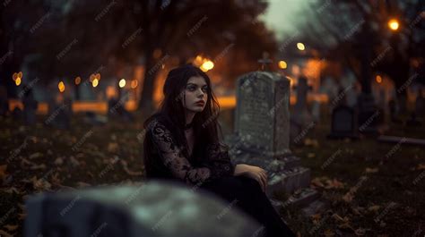 Gothic Girl In Black Dress Sitting In Graveyard At Night Portrait Woman