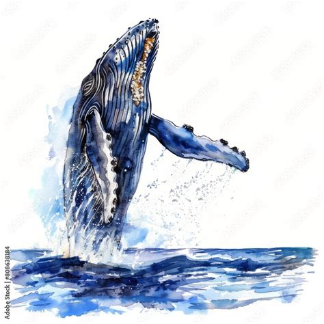 Watercolor Painting Of A Magnificent Humpback Whale Breaching The