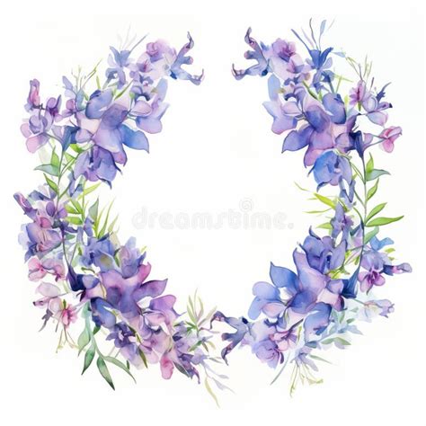 Delicate Purple Flowers Watercolor Wreath On White Background Stock