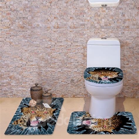 3d Fierce Leopard Printed Flannel 3 Piece Toilet Seat Cover