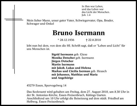 Traueranzeigen Von Bruno Isermann Trauer In Nrwde