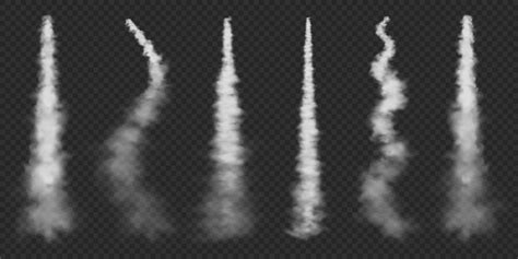 현실적인 비행기 응축 트레일 우주 로켓 발사 미사일 또는 총알 트레일 제트 항공기 트랙 흰 연기 구름 안개 증기 흐름 벡터 그림 프리미엄 벡터