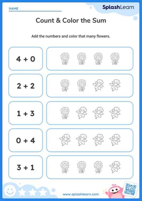 Color Flowers Sum 4 — Printable Math Worksheet