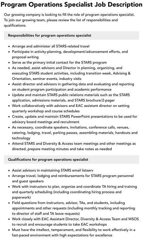 Program Operations Specialist Job Description Velvet Jobs