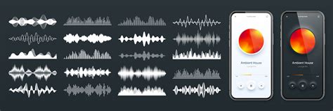 온라인 오디오 플레이어 사용자 인터페이스 스마트폰 앱 Ui 디자인 음악 미디어 스트리밍 및 청취 플랫폼 반응형 모바일 애플리케이션 뉴모피즘 다양한 음파 벡터 그림 3차원