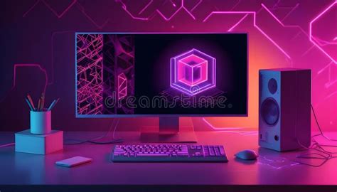 modern computer setup with a monitor displaying a glowing geometric