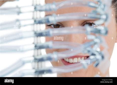 Female Computer Engineer Holding Computer Cable Stock Photo Alamy