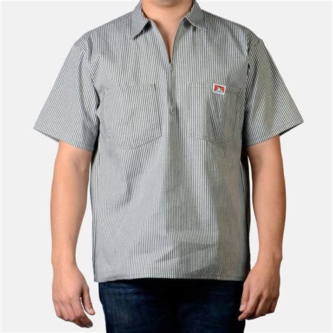 Ben Davis Short Sleeve Half Zip Striped Work Shirt Brown
