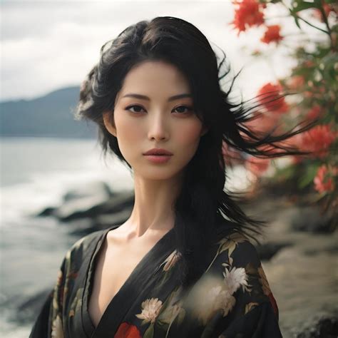 A Japanese Woman With Long Black Hair Against The Backdrop Of The Beach