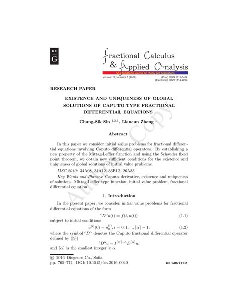 Pdf Existence And Uniqueness Of Global Solutions Of Caputo Type Fractional Differential Equations